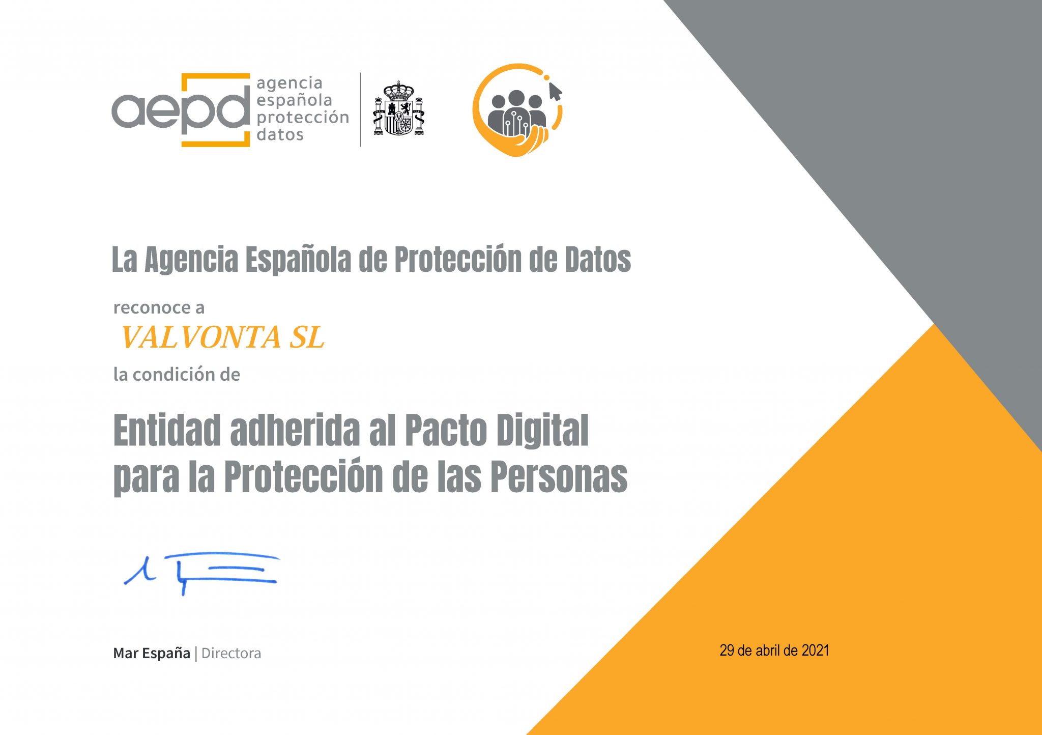 La AEPD reconoce a Valvonta como entidad adherida al Pacto Digital